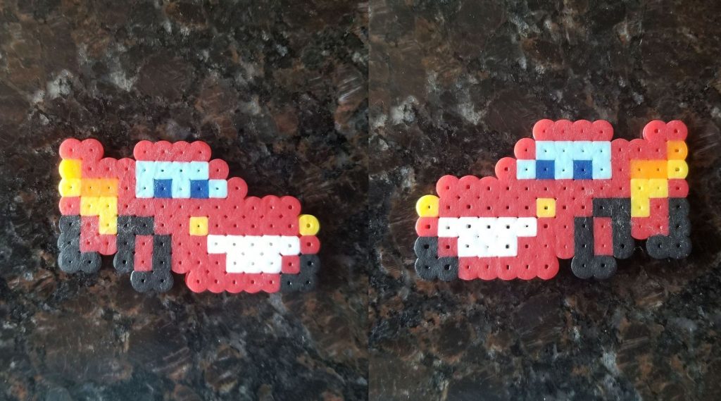 Lightning McQueen. Both sides – Pixel Art and Perler Bead Sprites